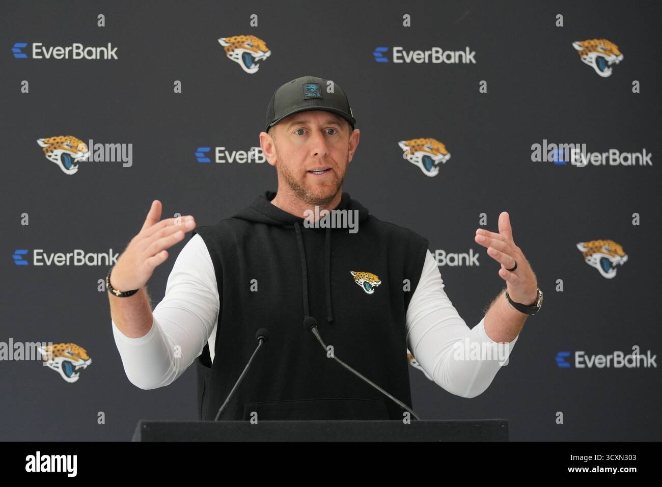 Jacksonville Jaguars head coach Liam Coen speaks during a press ...