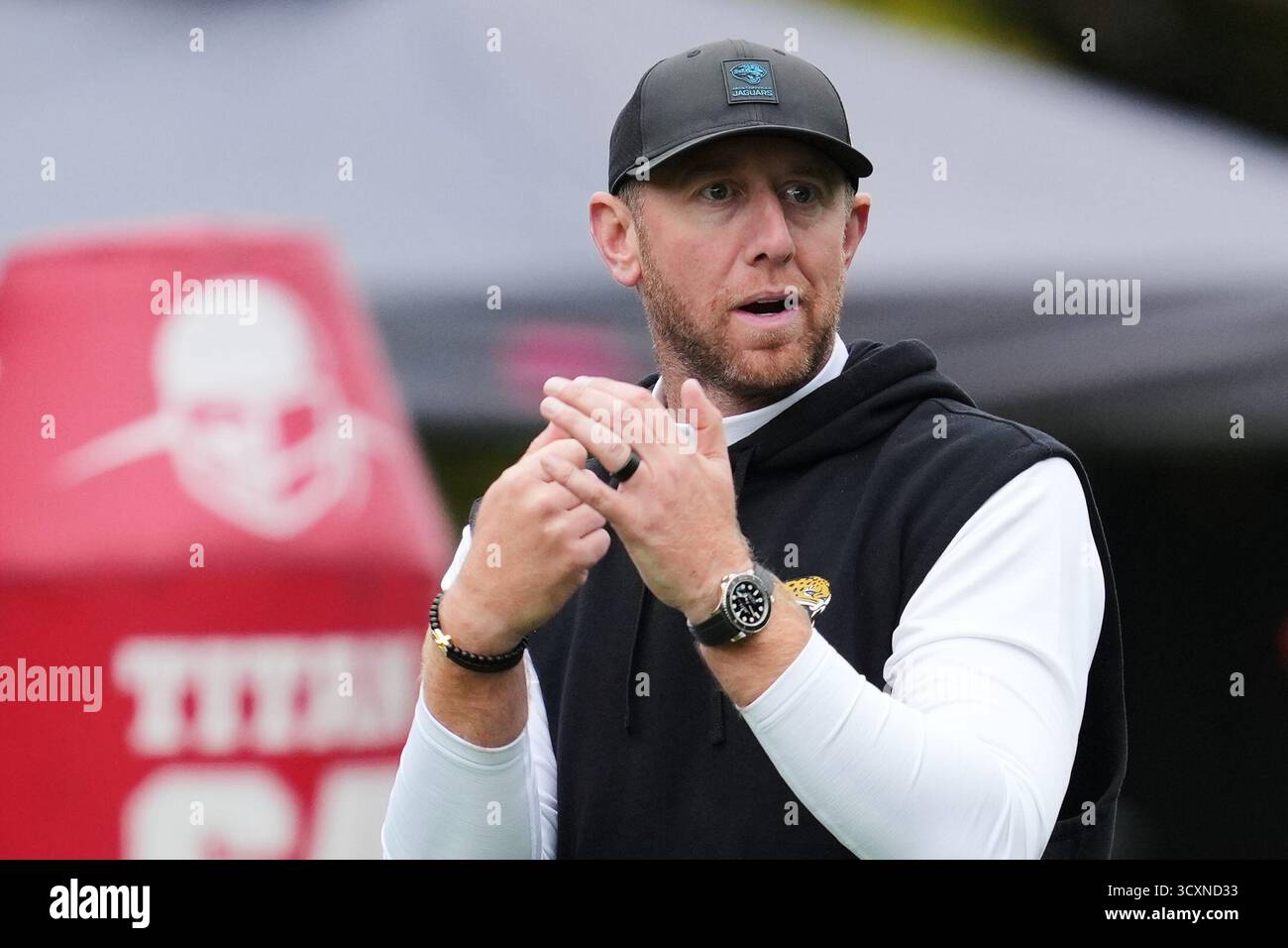 Jacksonville Jaguars head coach Liam Coen speaks during NFL football ...