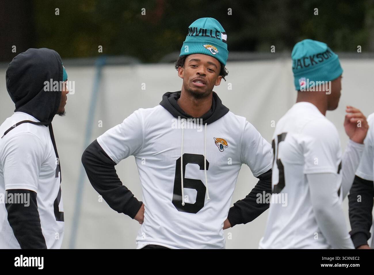 Jacksonville Jaguars Greg Newsome lI (6) pauses during an NFL football ...