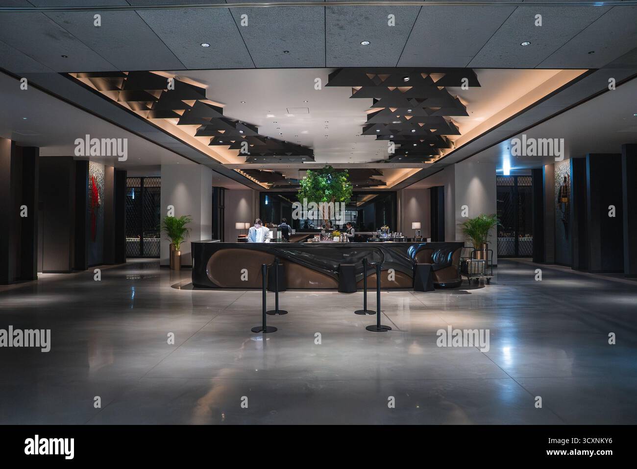 Modern hotel lobby in Japan with geometric ceiling and reception island ...