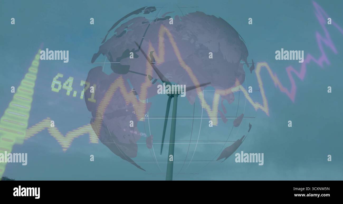 Standing wind turbine projecting energy trends at wind farm, with globe ...