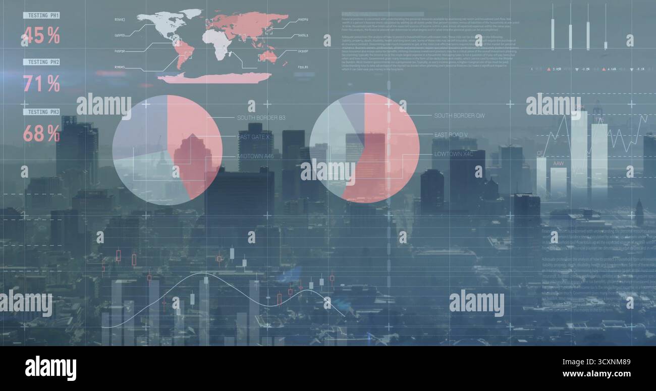 Displaying digital analytics overlay across city skyline, with world ...