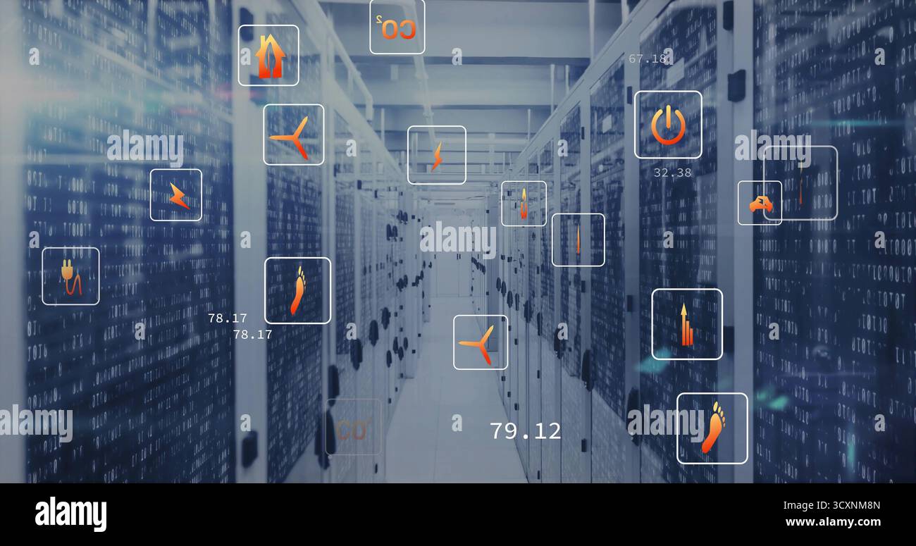 Streaming binary code across long server racks corridor inside data center, displaying energy ...