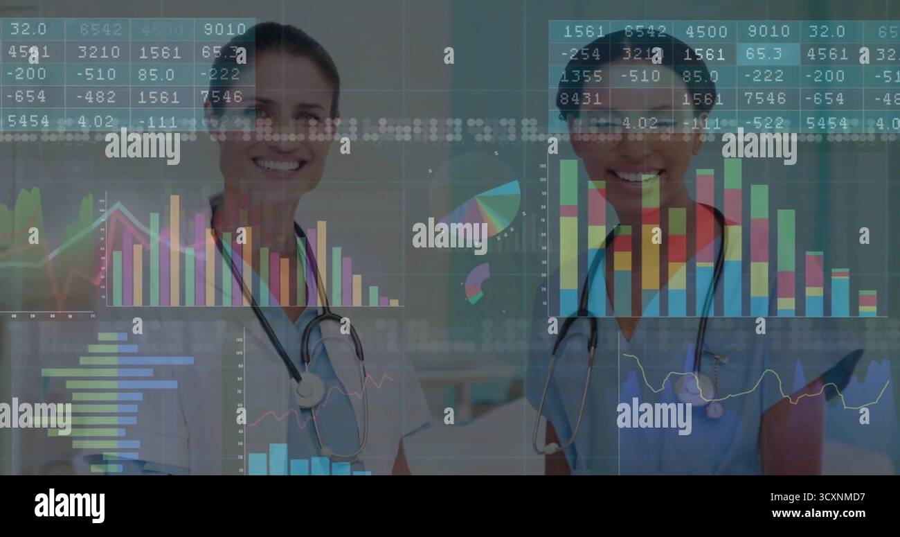 Standing two doctors wearing lab coat and scrubs examining data charts ...