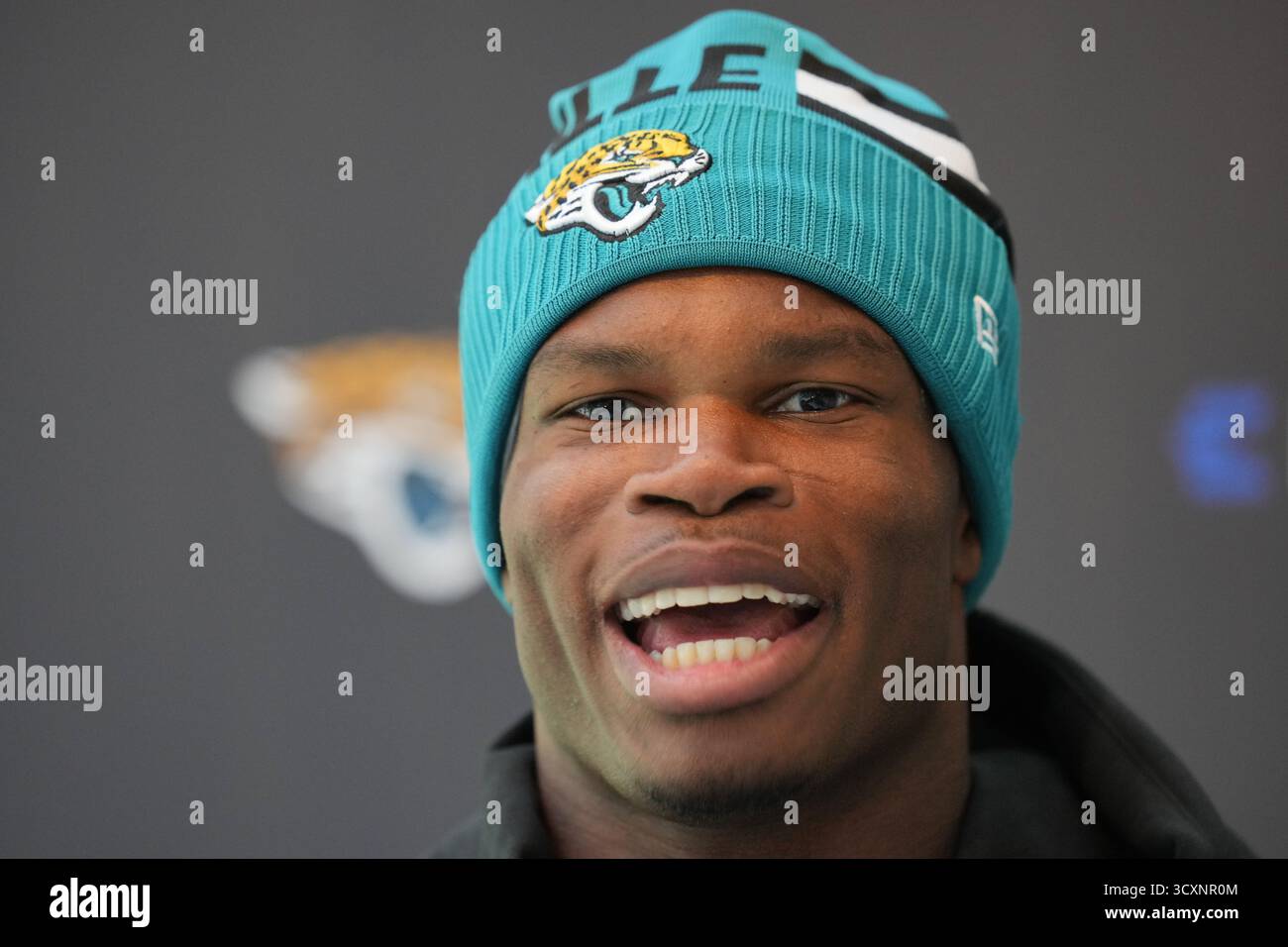 Jacksonville Jaguars wide receiver Travis Hunter speaks during a press ...