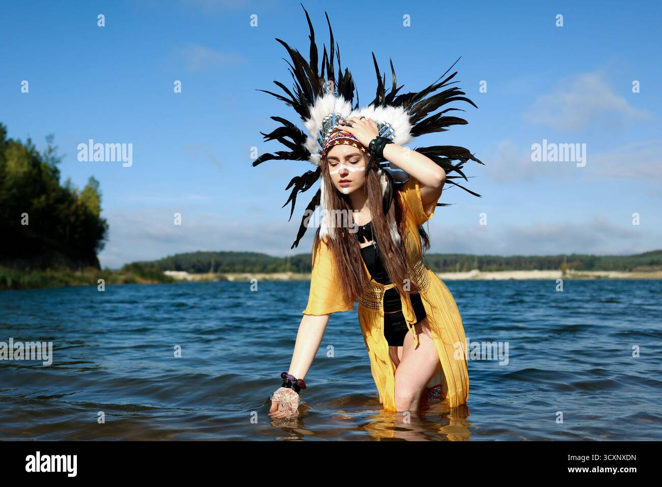 Beautiful shaman woman in native American Indian headdress with face ...