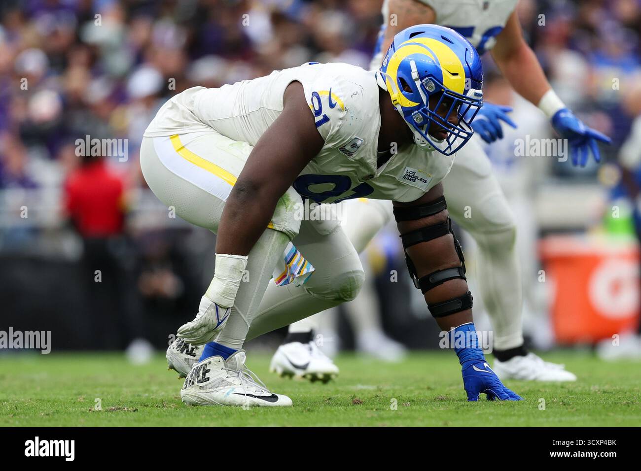 Los Angeles Rams defensive end Kobie Turner gets in position during the ...