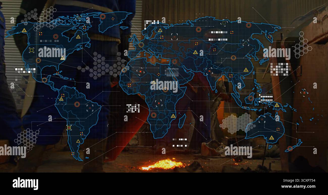 Displaying digital world map overlay with hazard data markers over ...