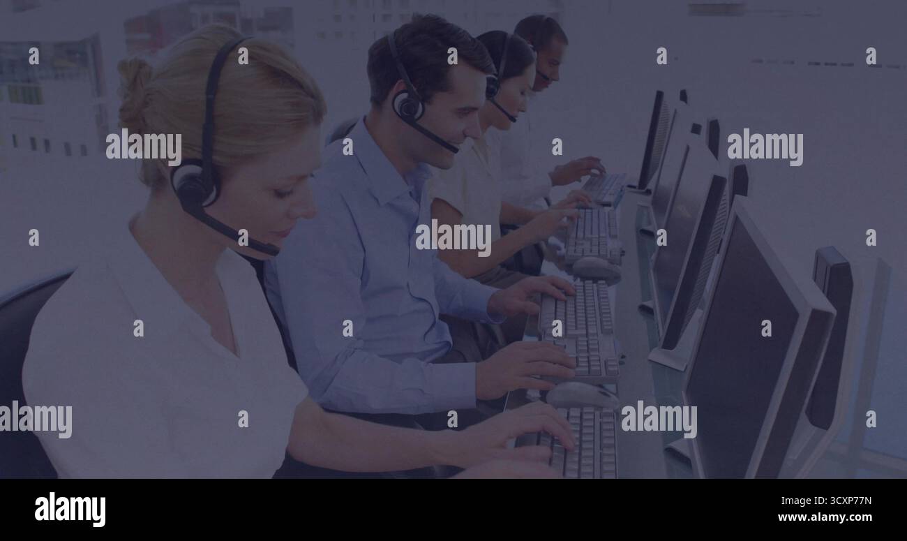 Typing customer service representatives using headsets keyboards and ...