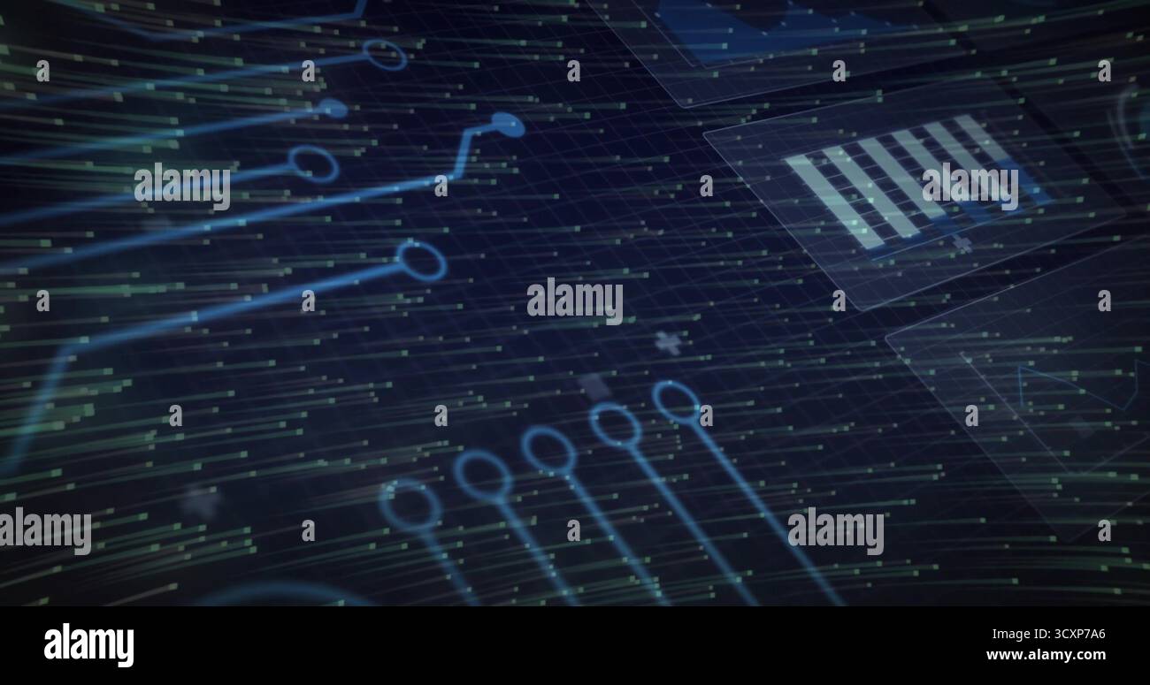 Displaying glowing circuit pathways and nodes over grid lines, binary ...