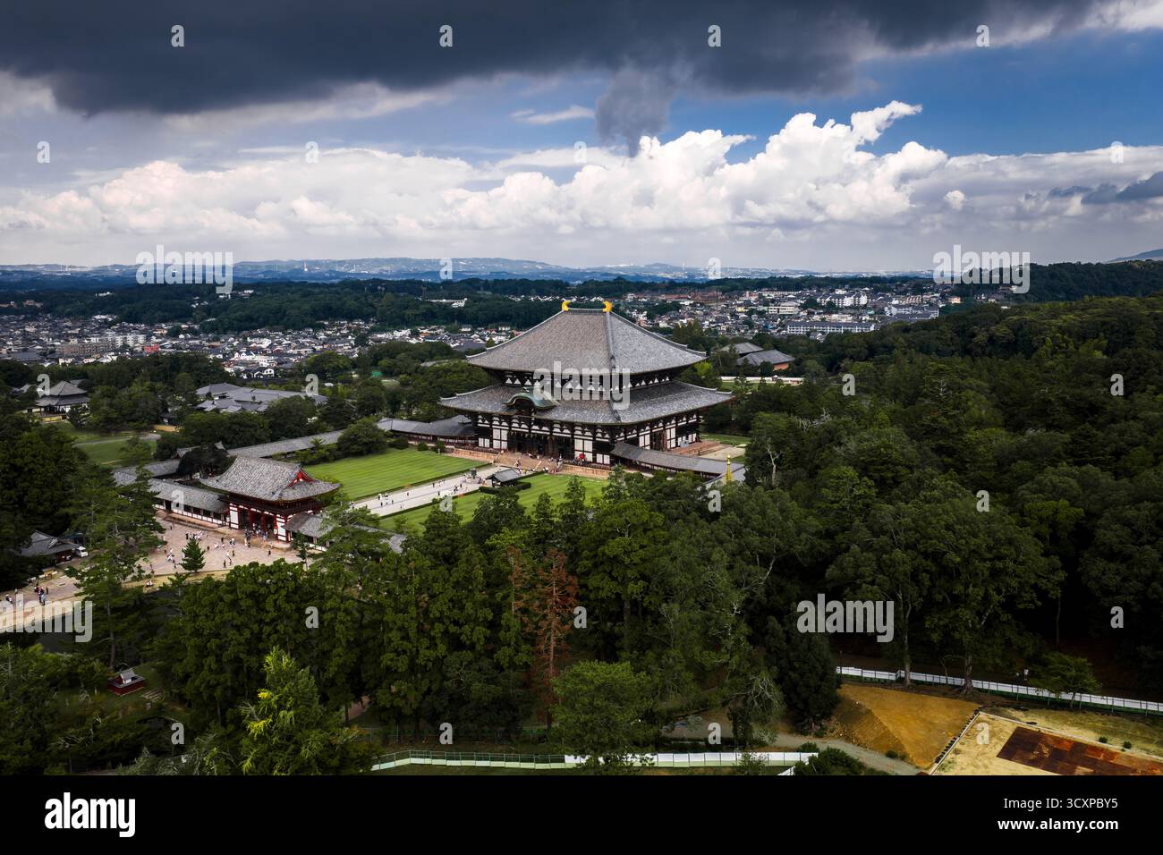 Aerial view of Todai ji temple complex and Nara townscape at dusk Stock ...