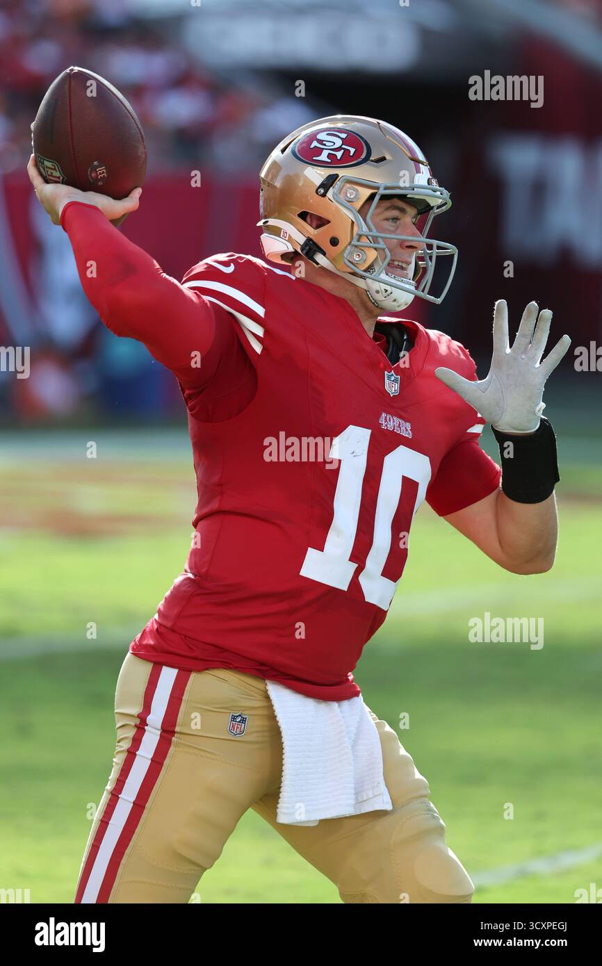 San Francisco 49ers quarterback Mac Jones (10) warms up during his game ...