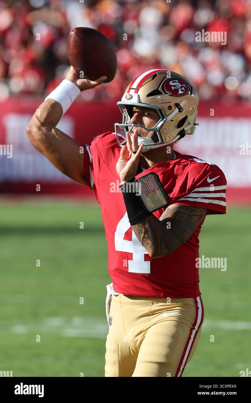 San Francisco 49ers quarterback Adrian Martinez (4) warms up during his ...