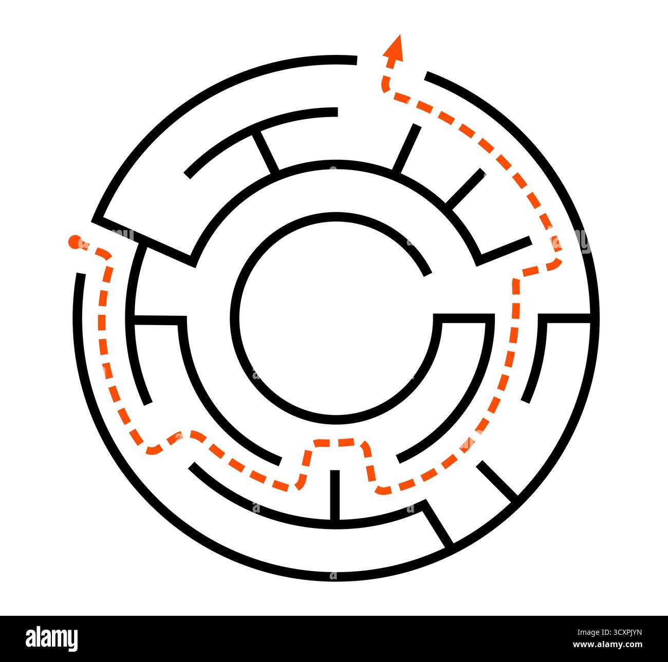 Circular maze design with solution path in black and orange Stock ...