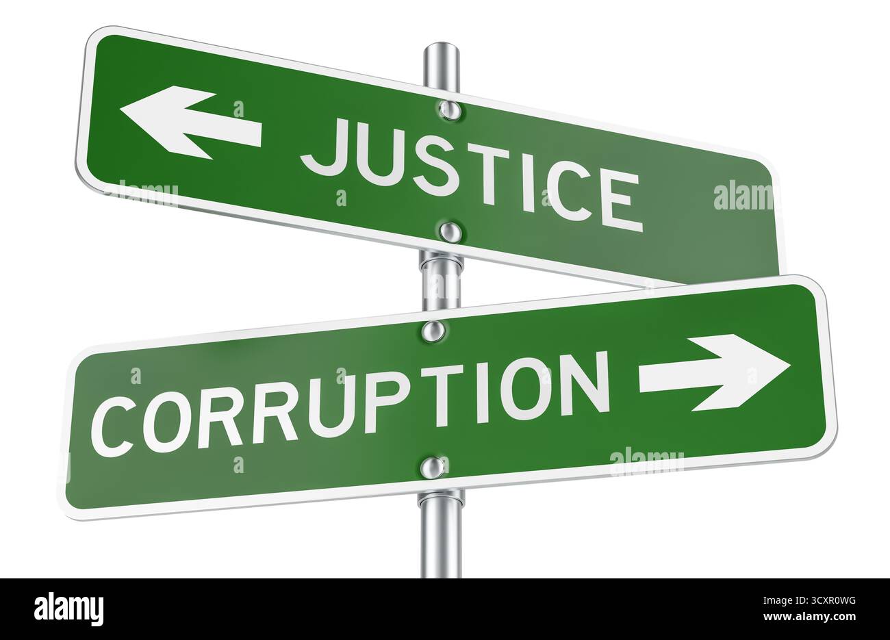 Justice and Corruption green direction arrows, street signs. 3D ...
