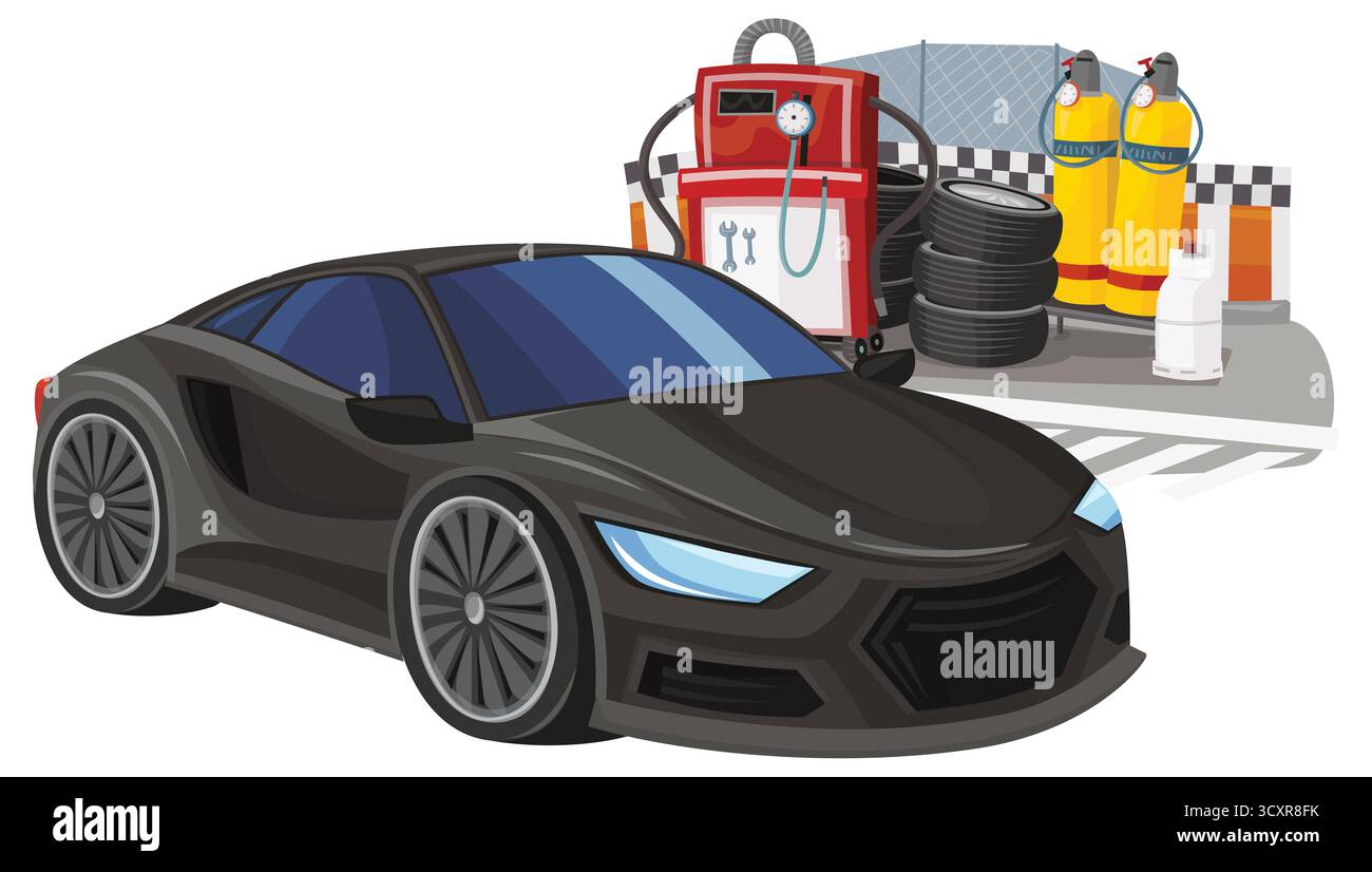 Cartoon street racing car vehicle pitstop pitzone on white background ...