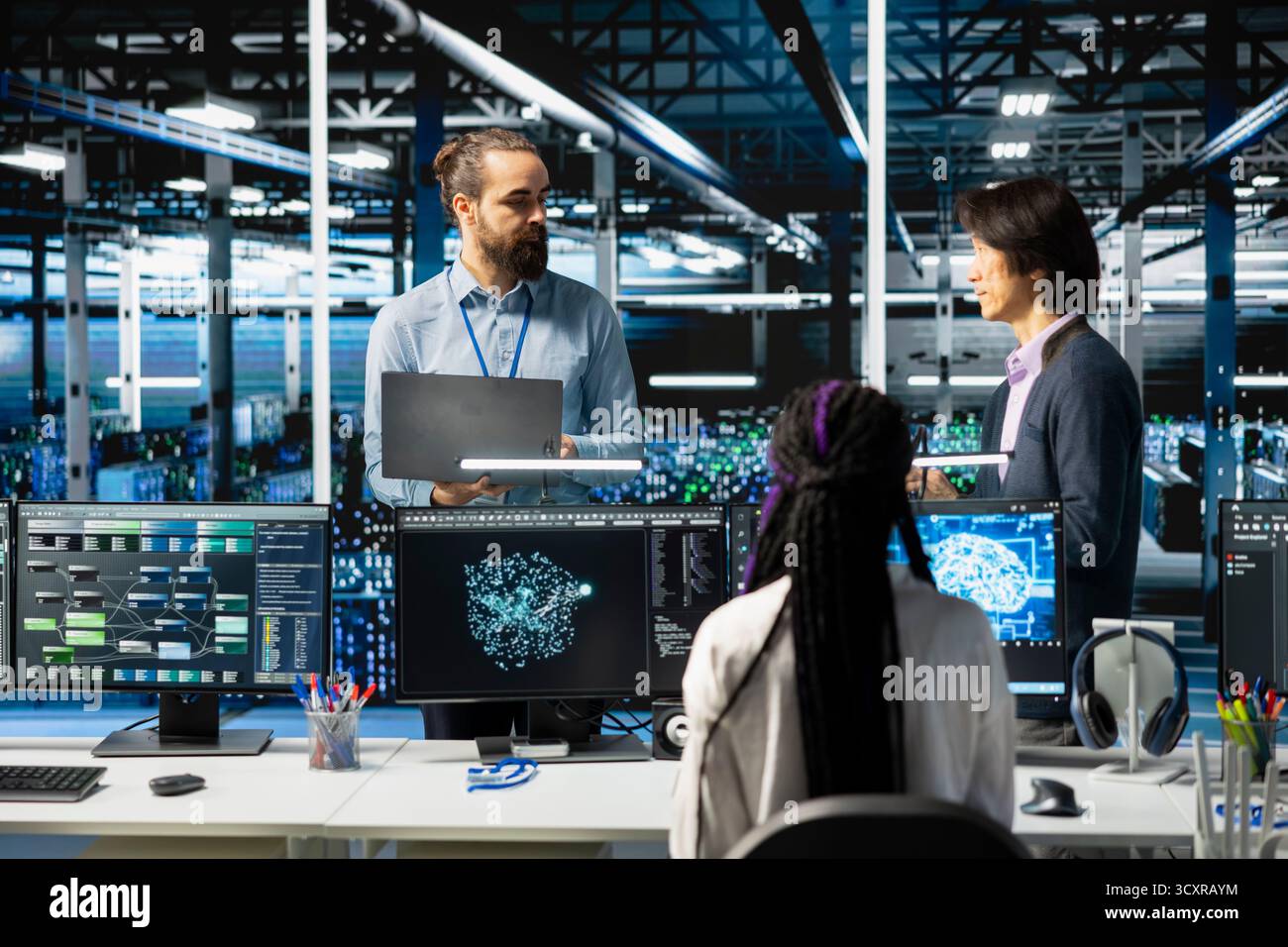 Engineers doing brainstorming in high tech data center, adjusting AI ...