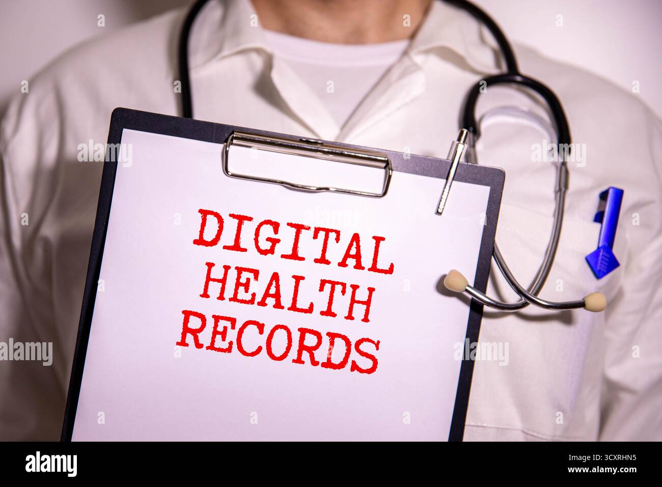 EHR Electronic Health Record text with Stethoscope on wooden background ...