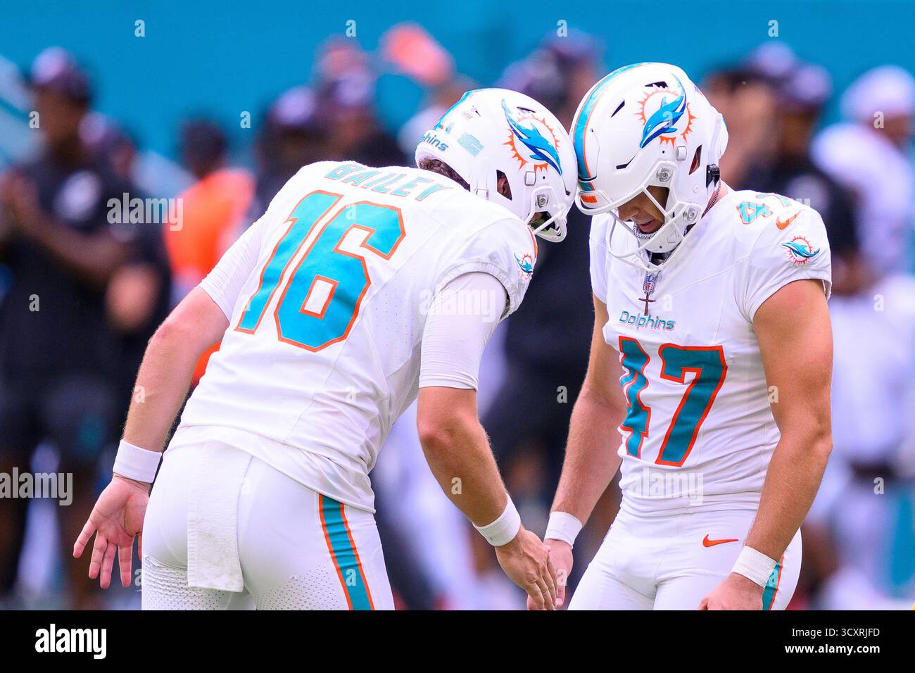 Miami Dolphins kicker Riley Patterson (47) celebrates kicking an extra ...