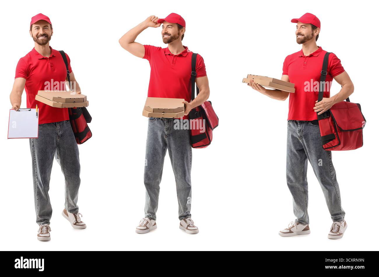 Set of male courier holding pizza on white background Stock Photo - Alamy