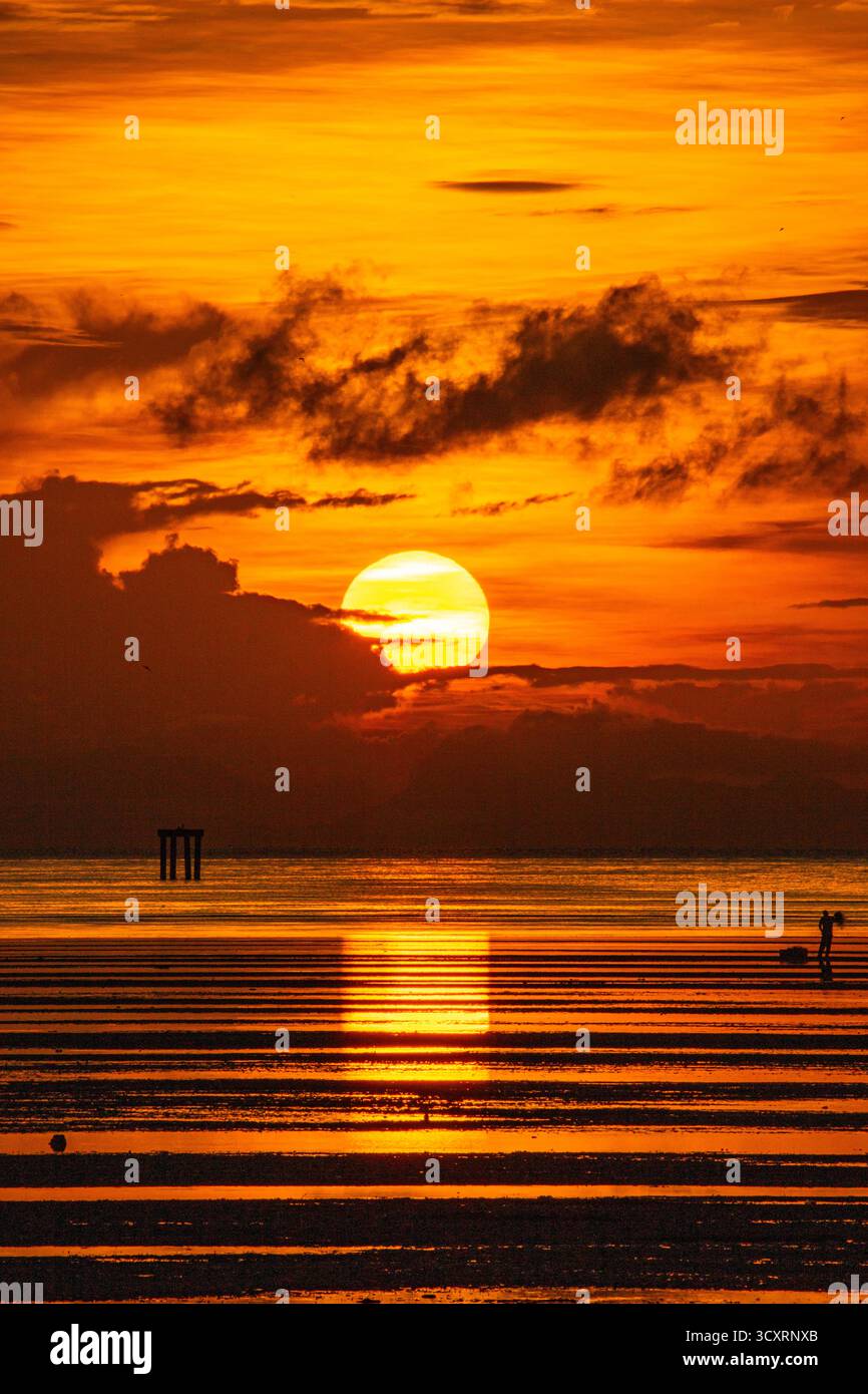 A breathtaking view of the sun setting over the ocean. casting a golden ...