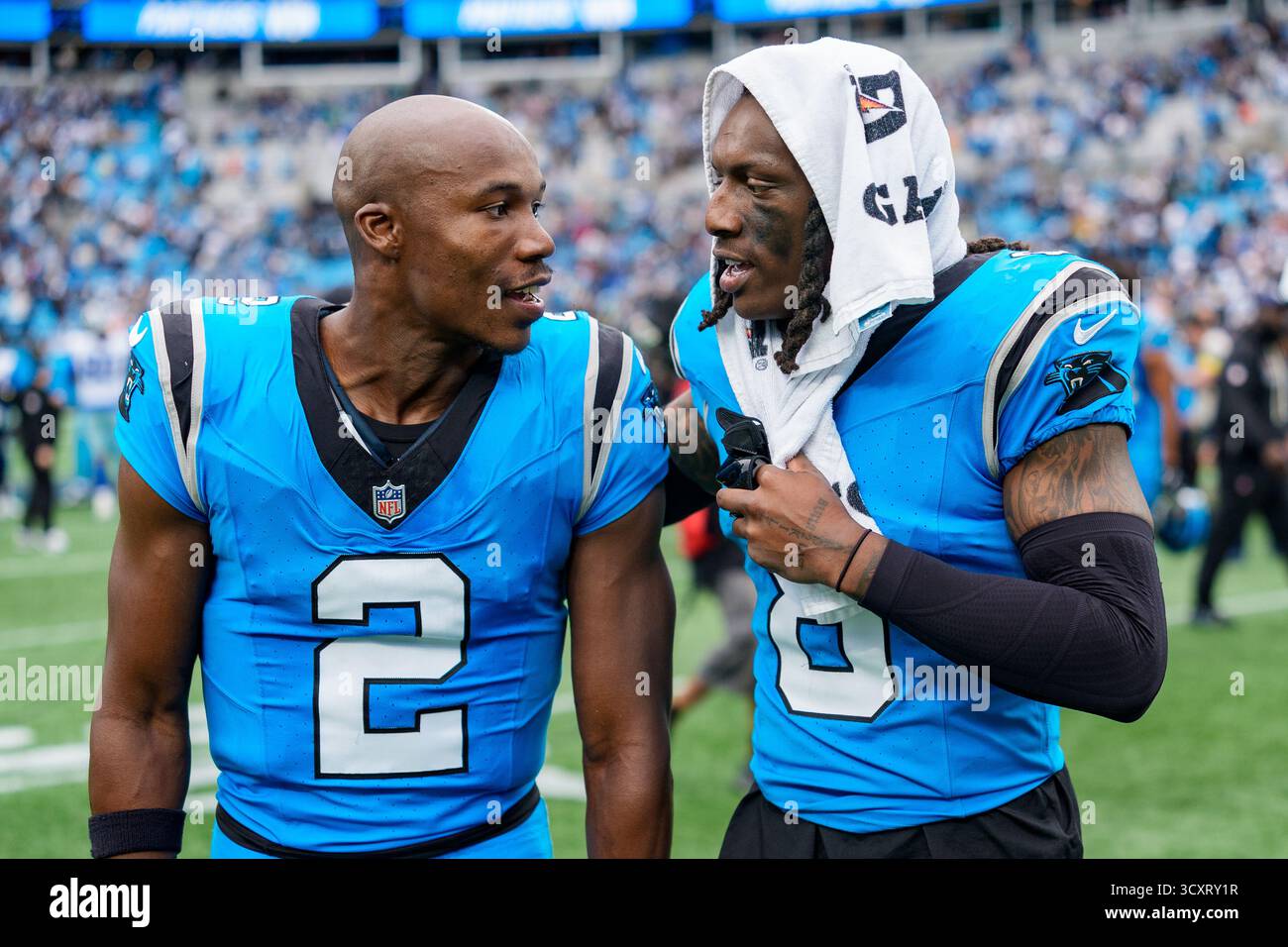 Carolina Panthers cornerback Jaycee Horn (8), right, talks with ...