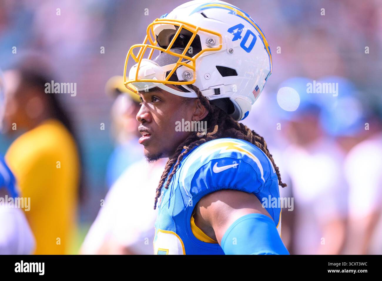 Los Angeles Chargers safety Kendall Williamson (40) stands on the sidelines during an NFL ...