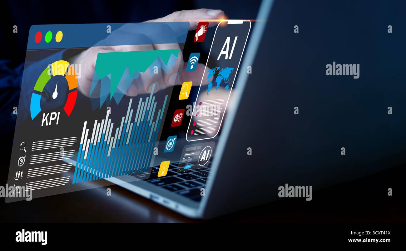 A digital concept showing AI analytics dashboard with KPI charts, data ...