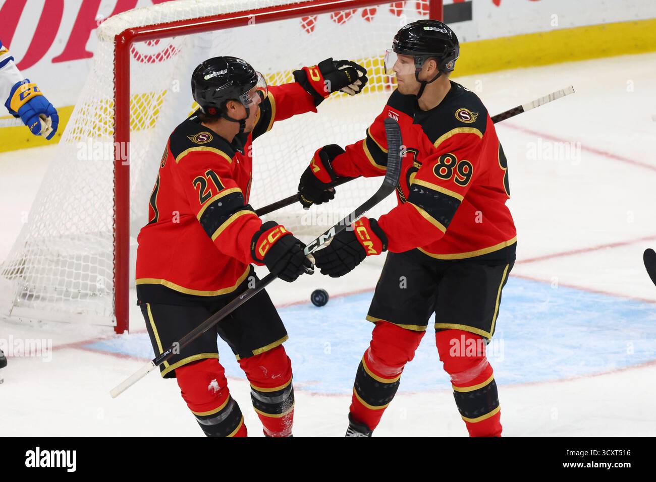 Ottawa Senators center Lars Eller (89) celebrates his goal with forward ...