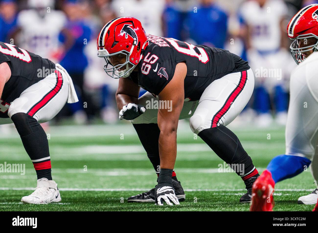 Atlanta Falcons guard Matthew Bergeron (65) lines up during the first ...