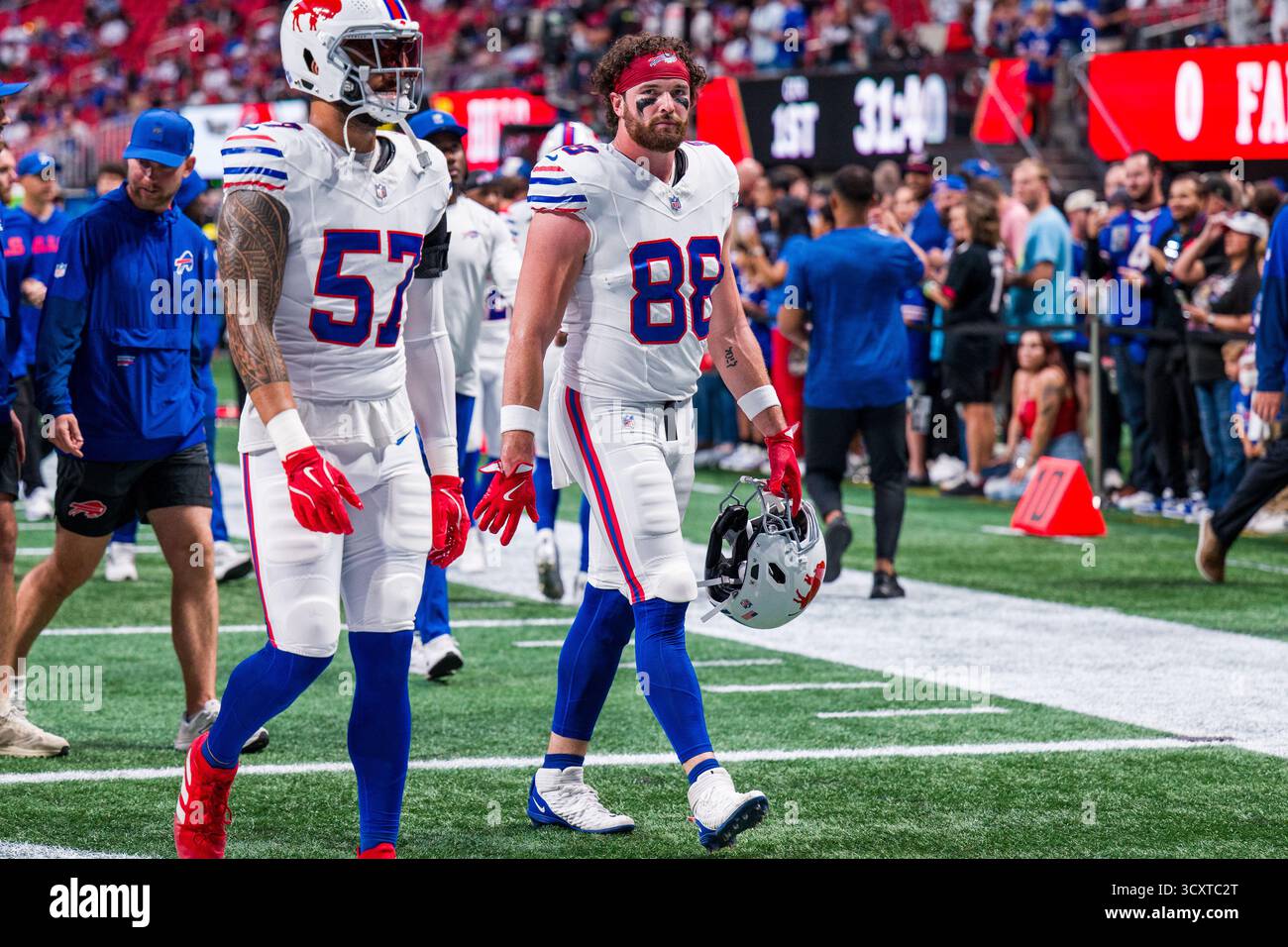 Buffalo Bills tight end Dawson Knox (88) walks off the field before an ...