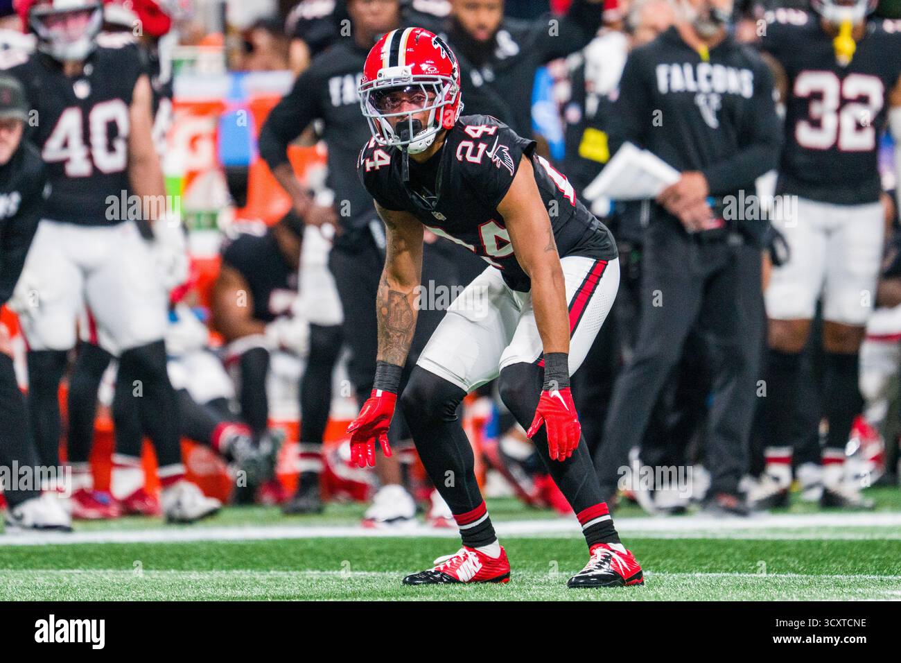 Atlanta Falcons cornerback A.J. Terrell (24) lines up during the first ...