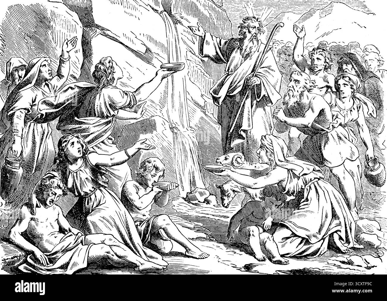 The children of Israel drink water from a rock, Moses strikes staff on ...