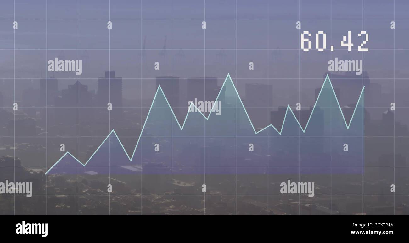 Displaying light-blue line chart overlay on grid over hazy city skyline ...