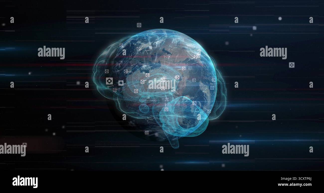 Showing brain shaped overlay wrapping around Earth globe in digital ...