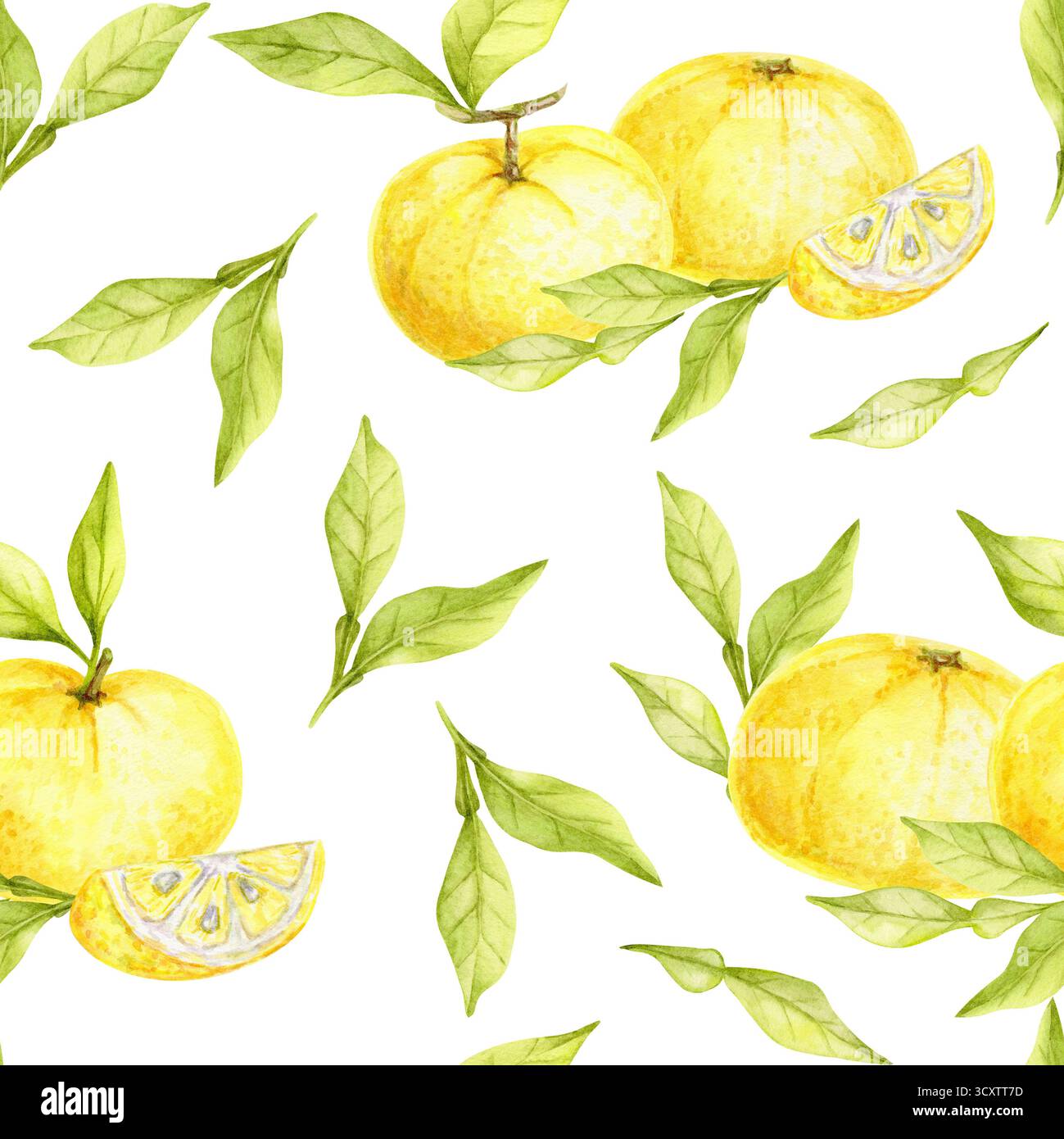 Seamless pattern with yellow yuzu fruits and fresh green leaves ...