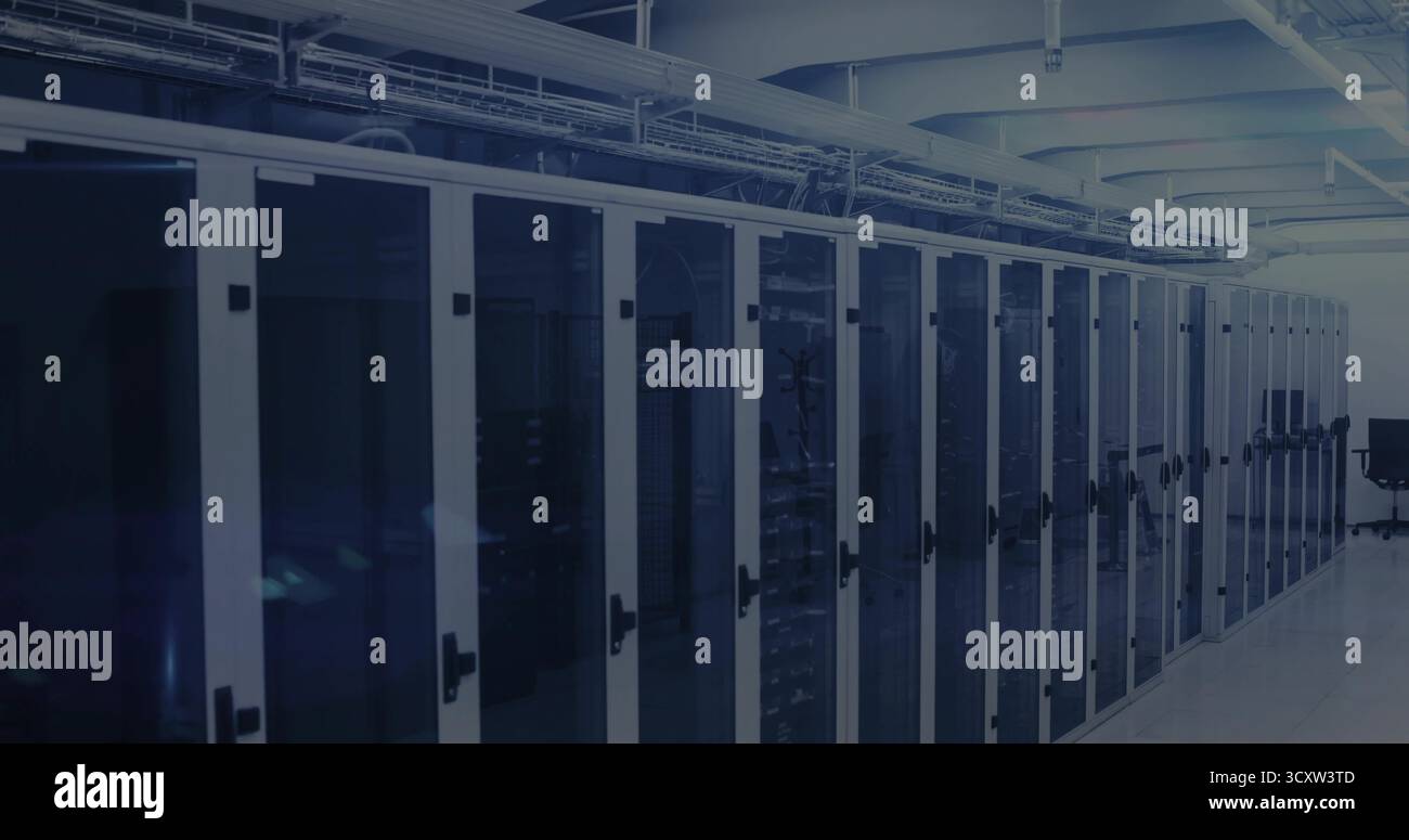 Displaying glass-front server racks with blinking network switches in ...