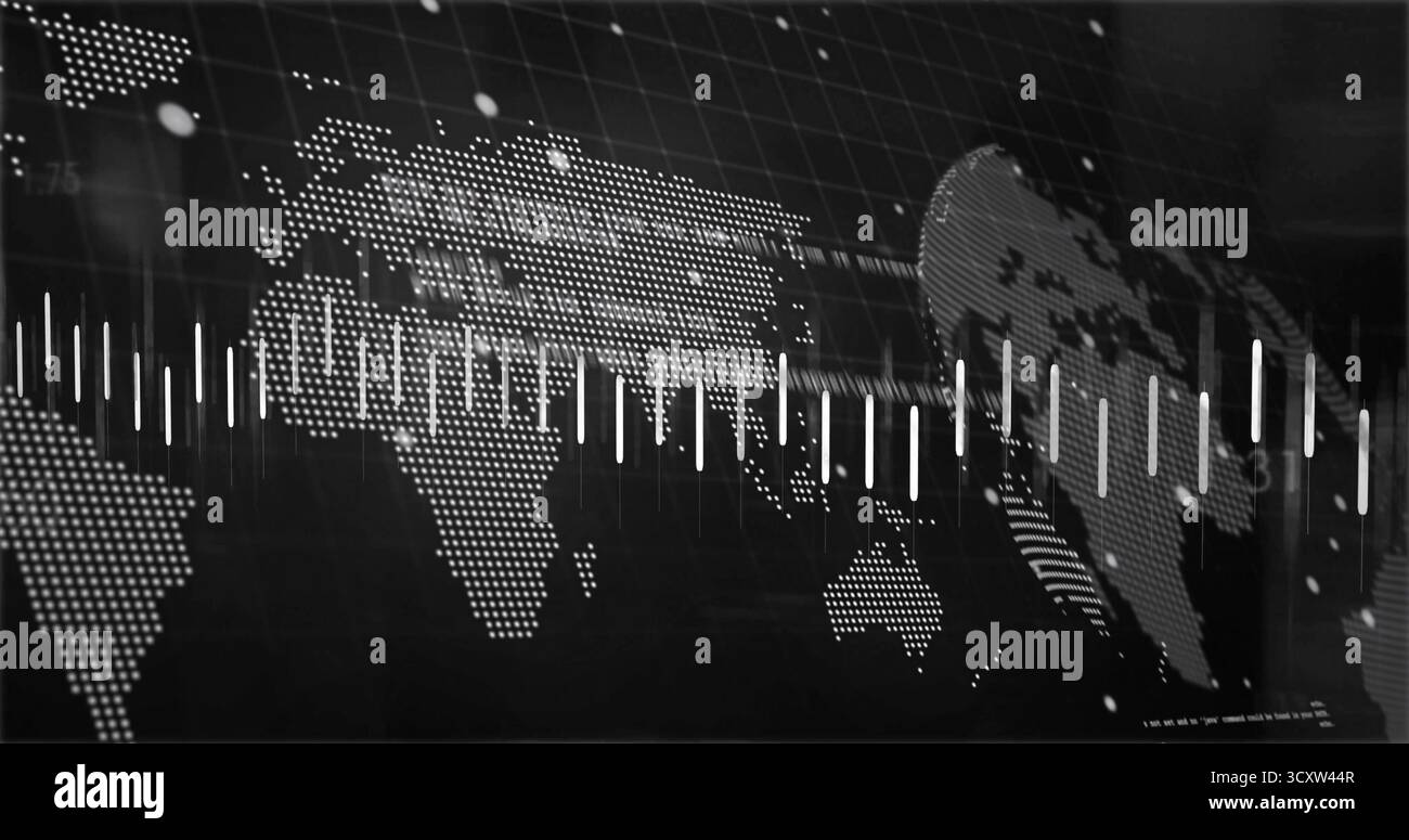 Displaying dotted world map showing rising vertical data bars on ...