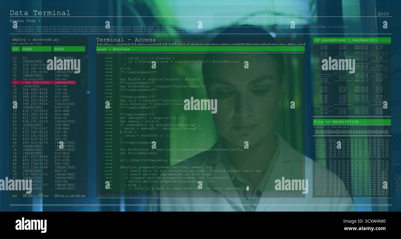 Mid adult woman reviewing code overlay in data center, with IP ...