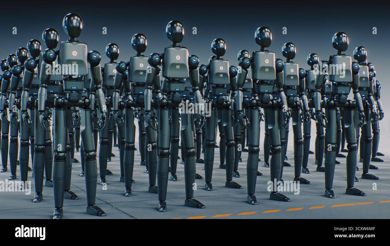 Large Group of Humanoid Robots Assembled in Precise Lines, Illuminated ...