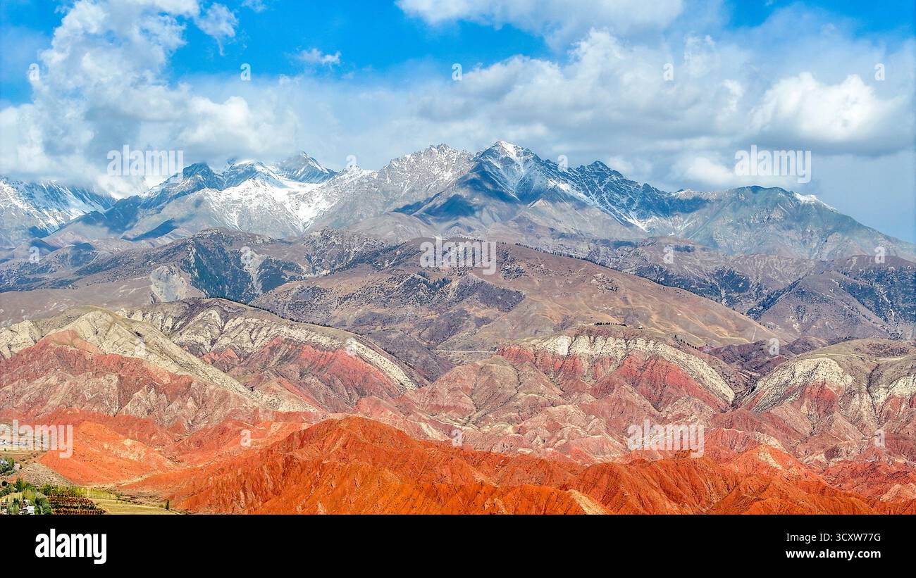 Aerial view of Jengish Chokusu Scenic Area in Aksu, Xinjiang, China on ...