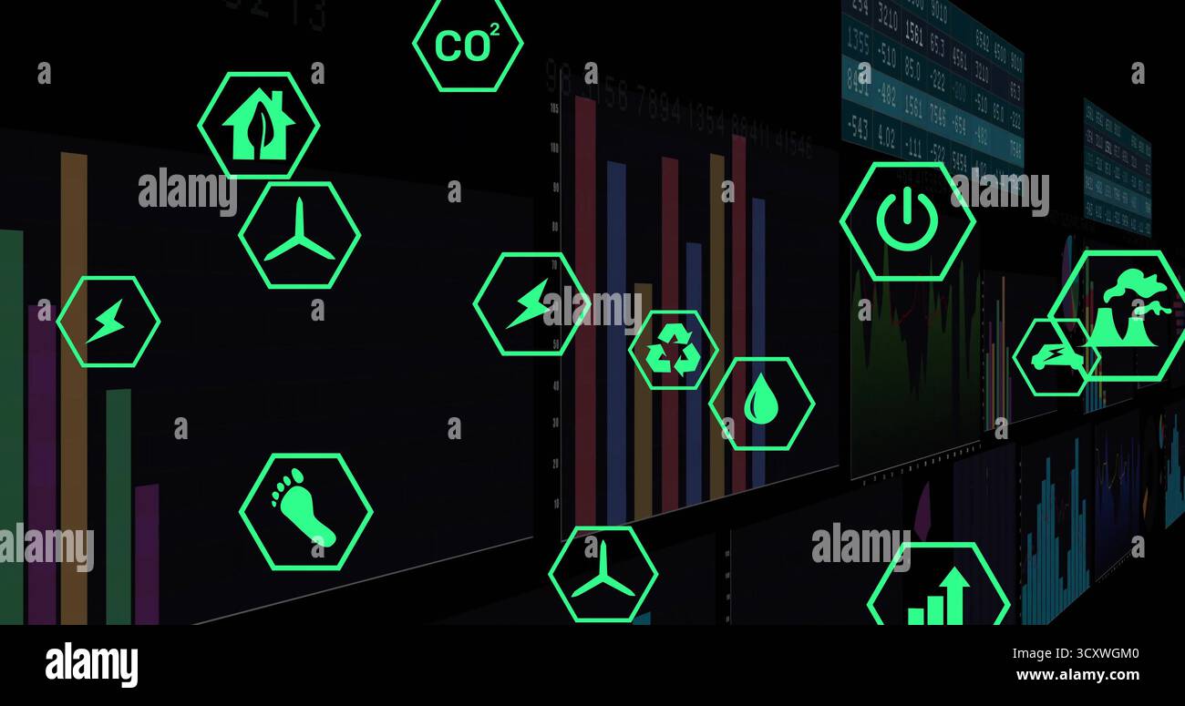 Displaying green hexagonal icons floating over dark control room ...