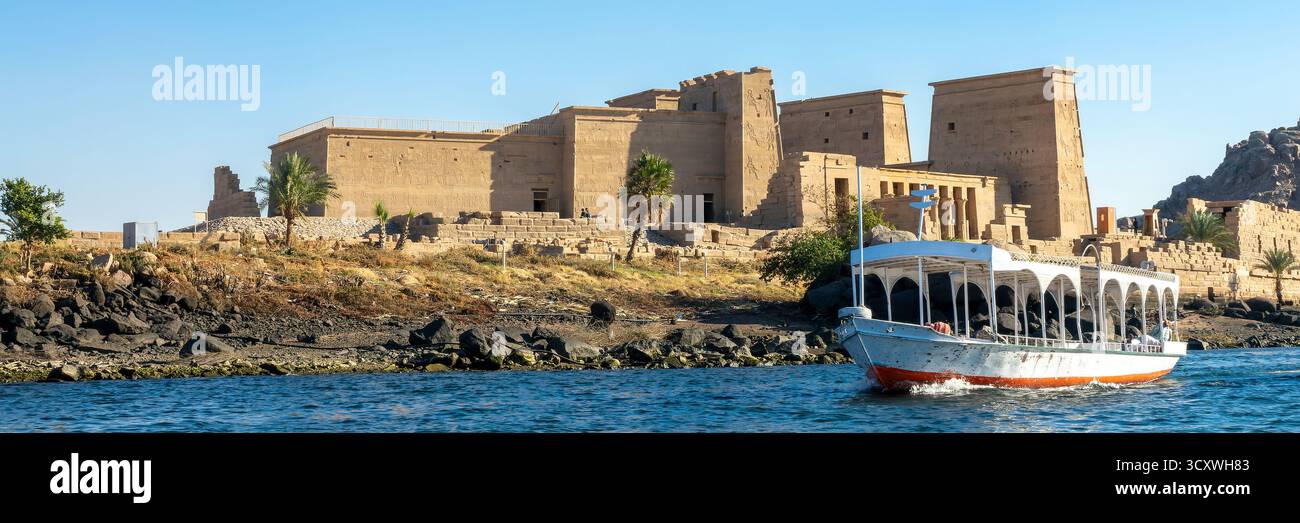 Panoramic view of the ancient Philae temple from the Nile river in ...
