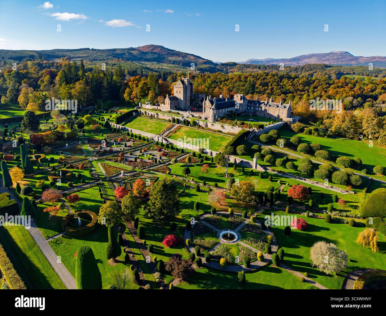 Aerial view from drone of Drummond Castle Gardens in autumn colours ...
