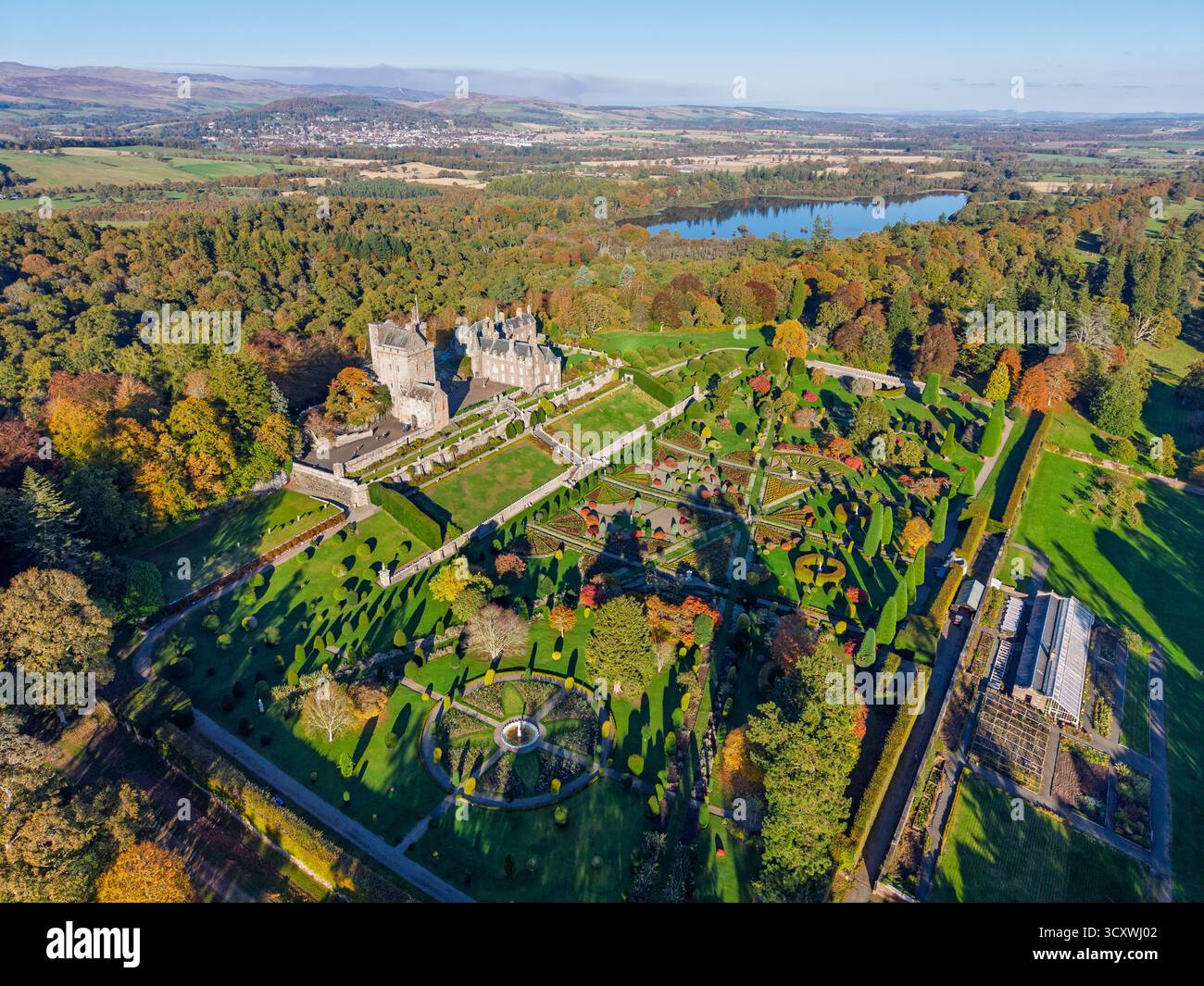 Aerial view from drone of Drummond Castle Gardens in autumn colours ...