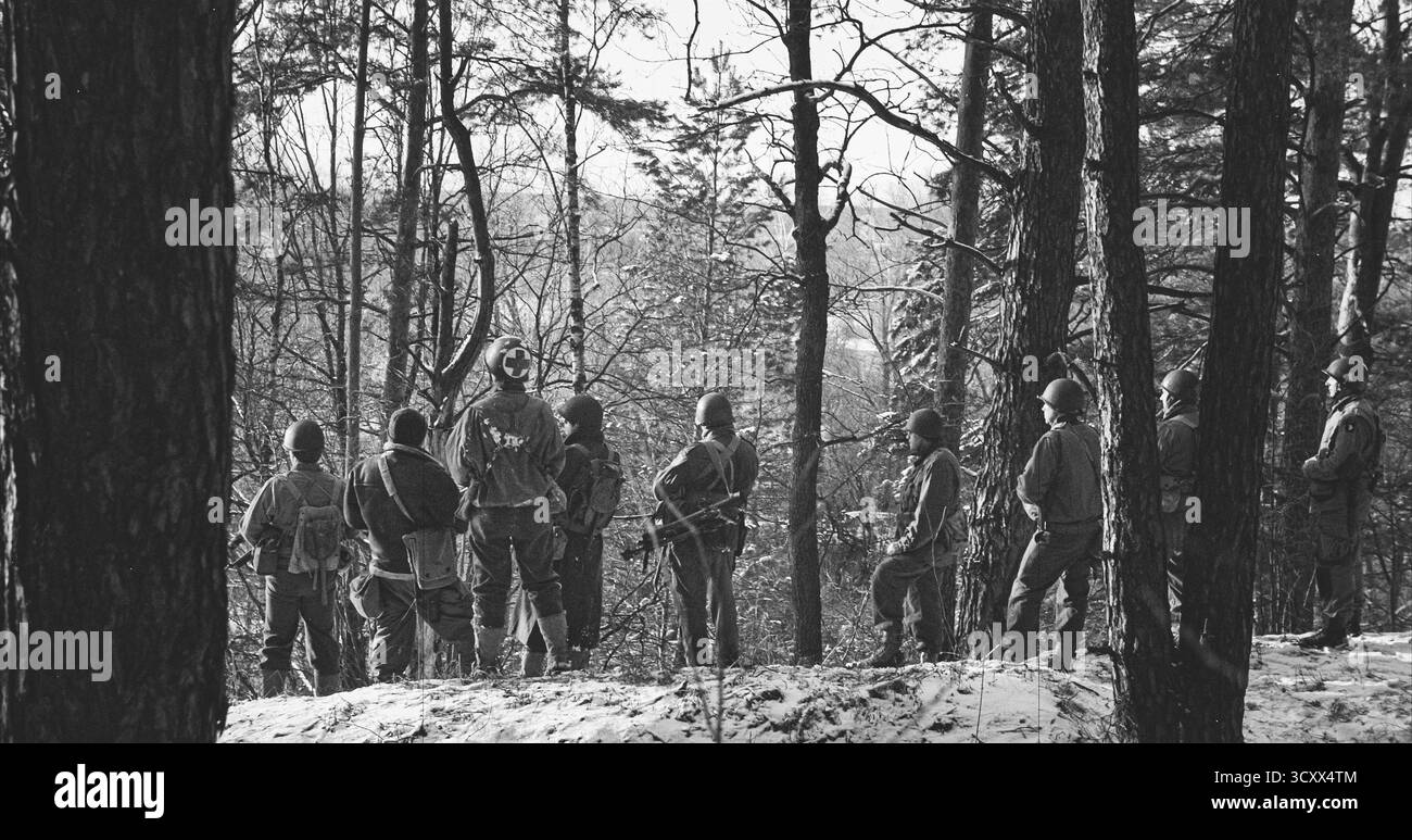 Back View On American Infantry Soldiers standing together At Winter Day ...