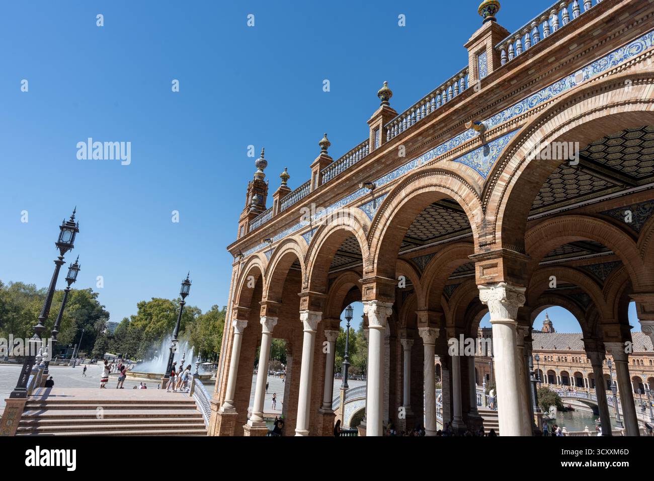 Detail of the monumental architecture of Plaza de España in Seville ...