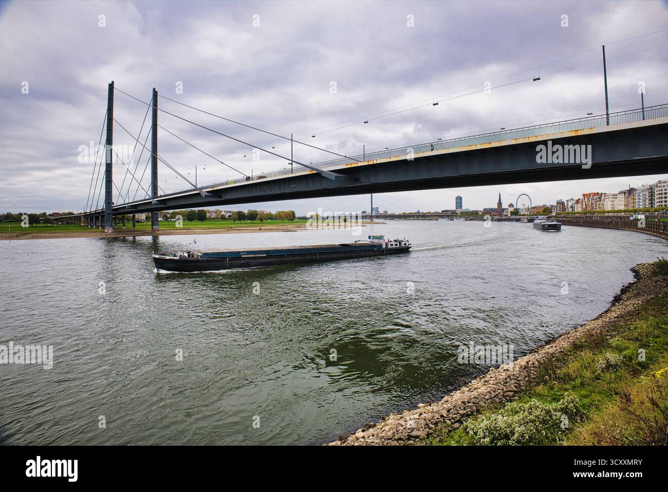 Cargo Barges Sailing Under Cable-Stayed Bridge on Rhine River with ...