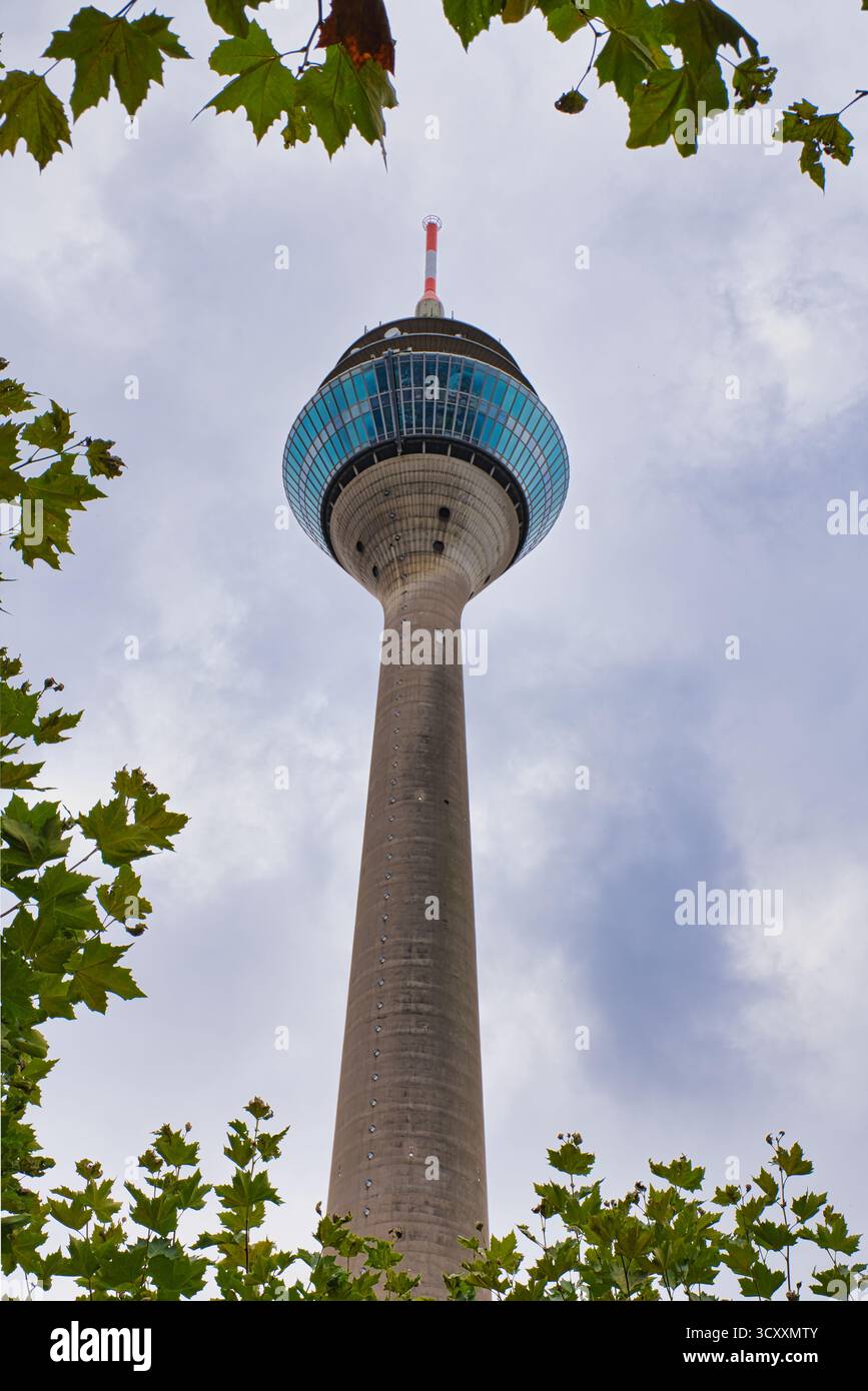 Iconic Rheinturm Television Tower Framed by Lush Green Maple Leaves ...