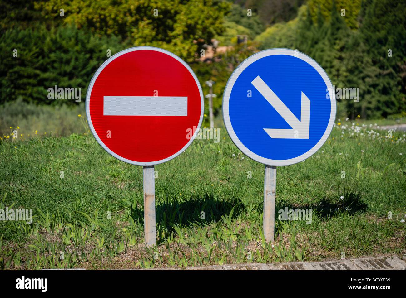 Which way? no entry and turn right traffic signs seen in France Stock ...